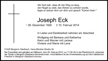 Traueranzeigen von Joseph Eck | WirTrauern