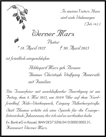 Traueranzeigen von Werner Marx | WirTrauern
