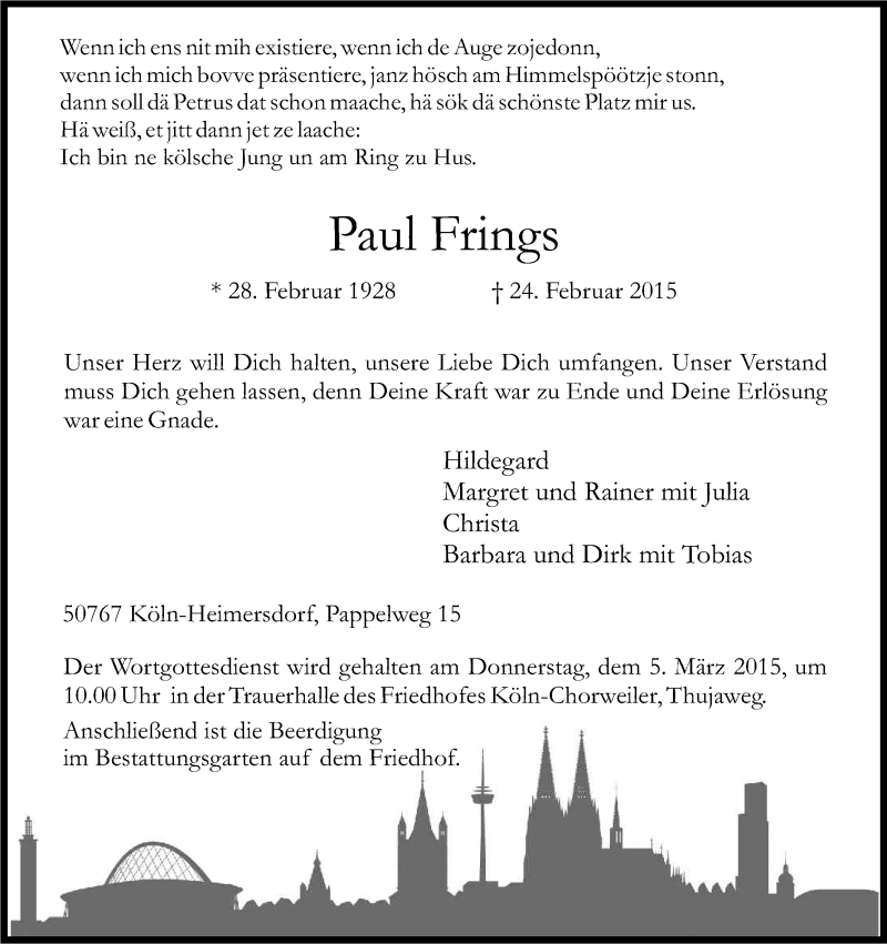 Traueranzeigen von Paul Frings | WirTrauern