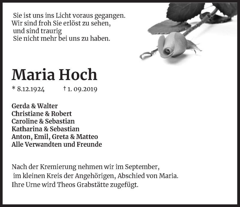Traueranzeigen von Maria Hoch | WirTrauern