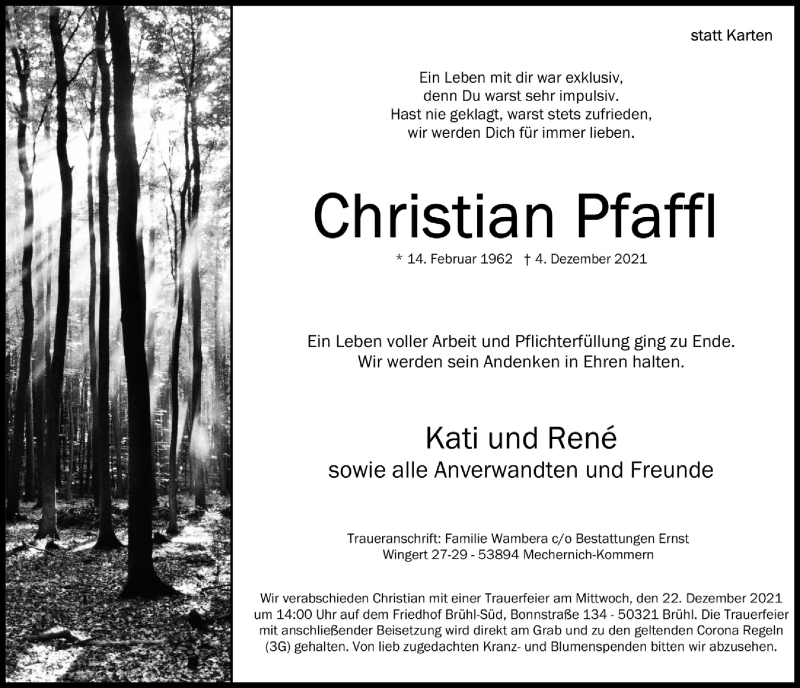 Traueranzeigen von Christian Pfaffl | WirTrauern