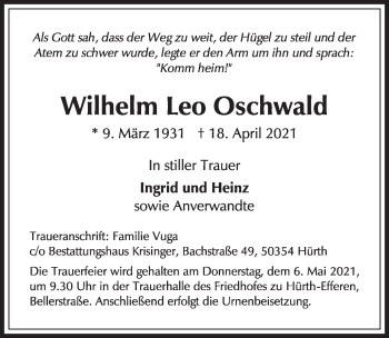 Traueranzeigen von Wilhelm Leo Oschwald | WirTrauern