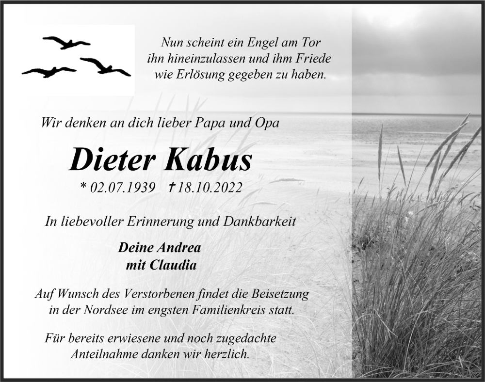 Traueranzeigen von Dieter Kabus | WirTrauern