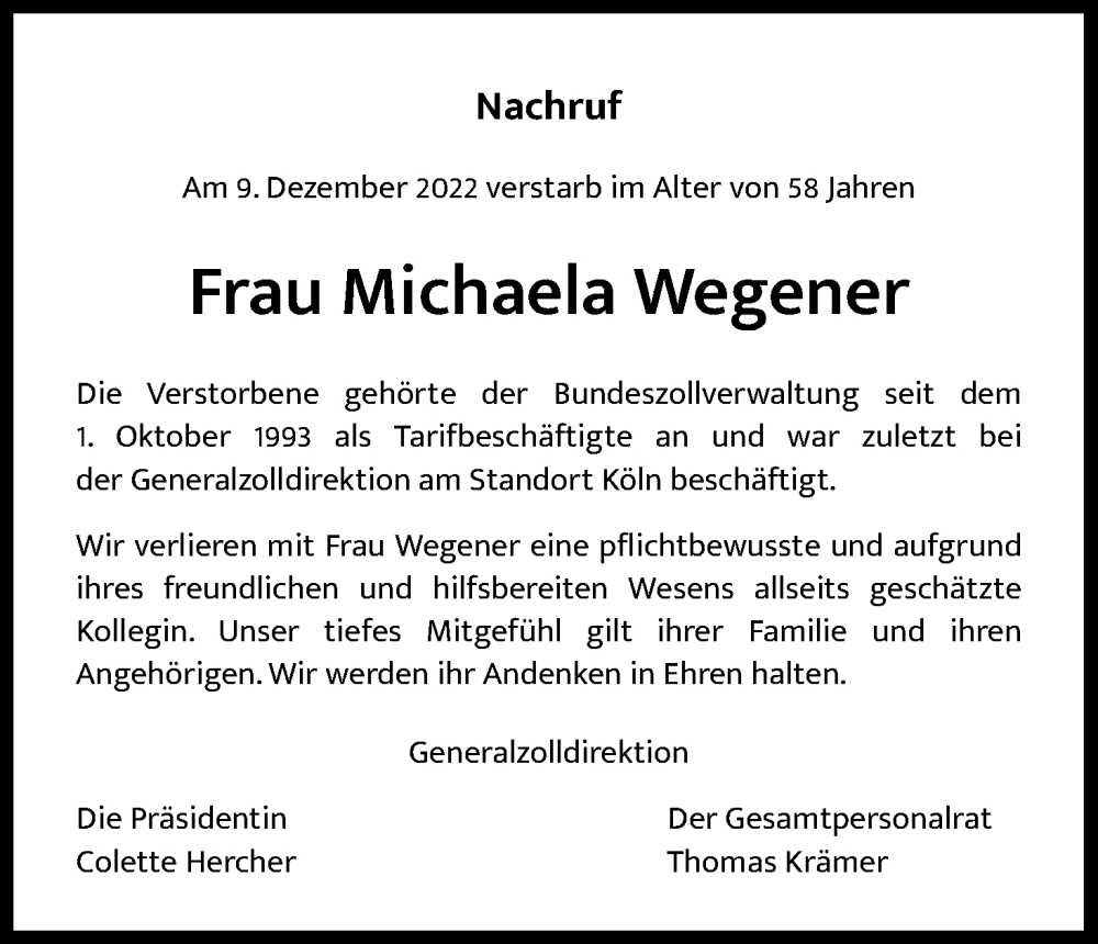 Traueranzeigen von Michaela Wegener | WirTrauern