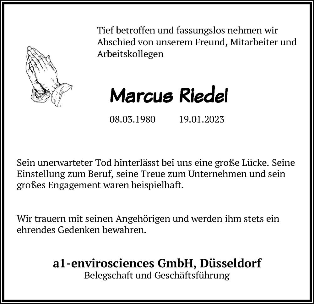 Traueranzeigen von Marcus Riedel | WirTrauern Traueranzeigen von Marcus Riedel | WirTrauern