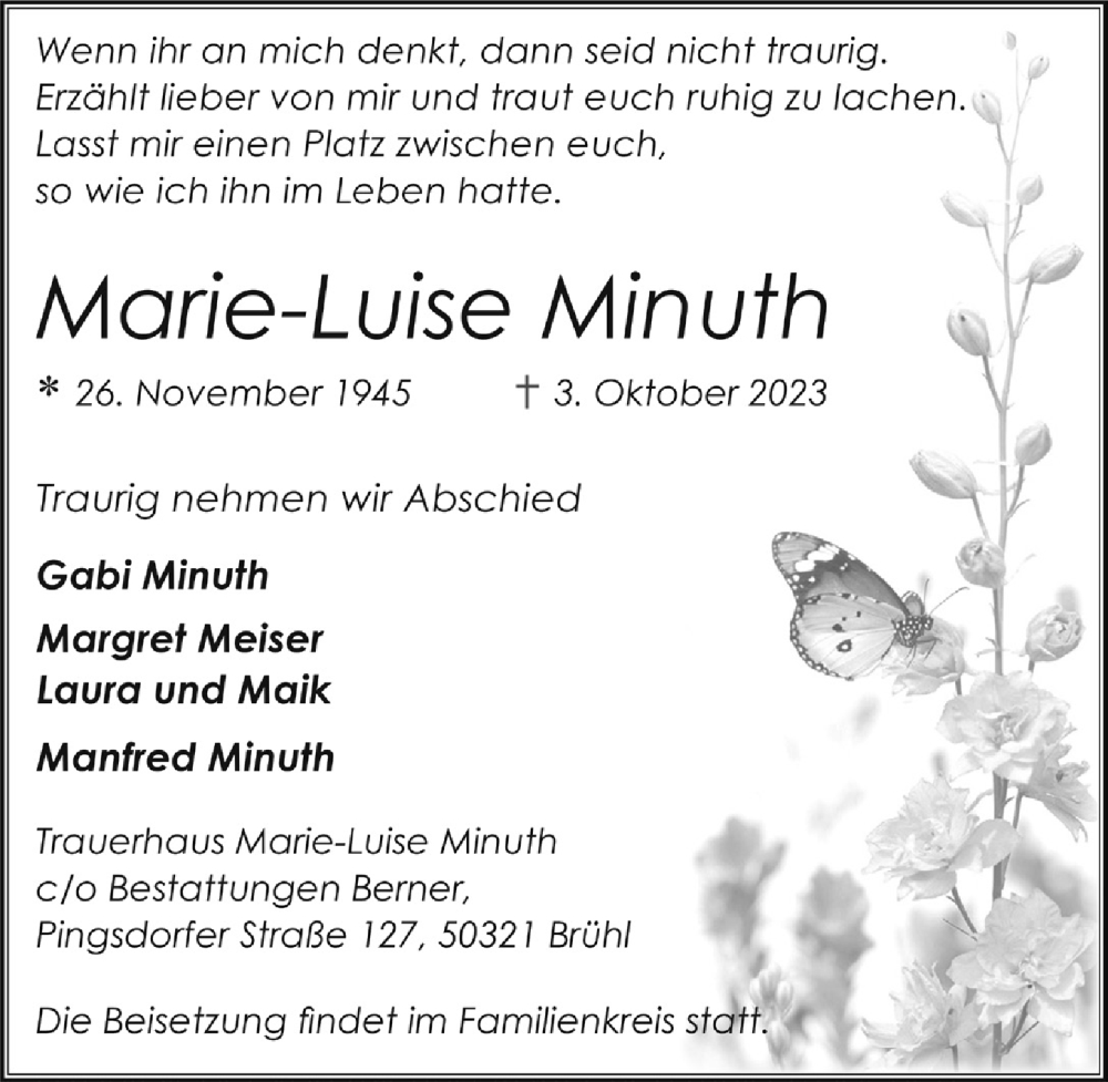 Traueranzeigen von Marie-Luise Minuth | WirTrauern