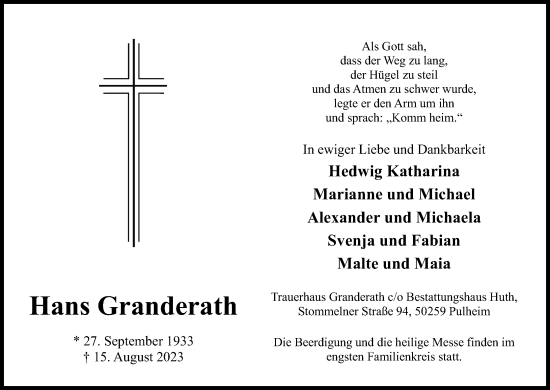 Traueranzeigen von Hans Granderath | WirTrauern