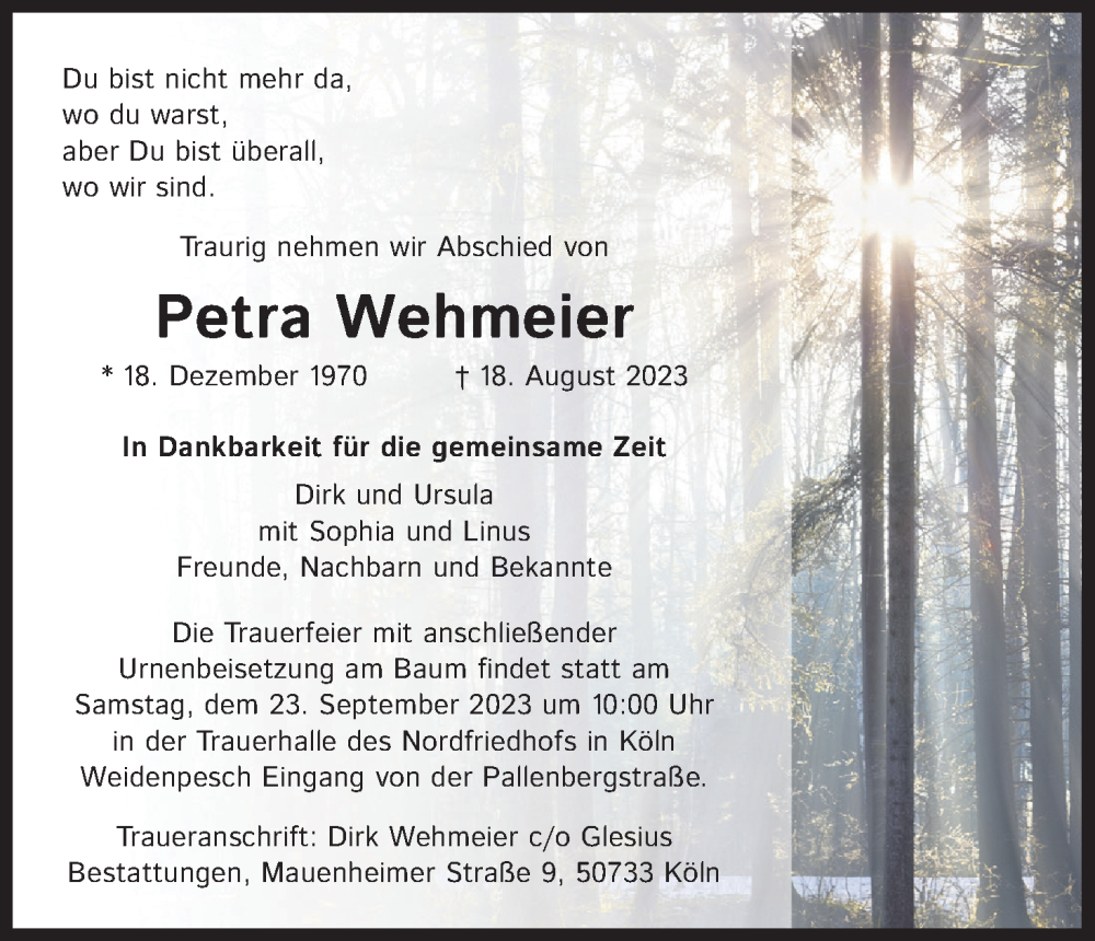 Traueranzeigen von Petra Wehmeier | WirTrauern
