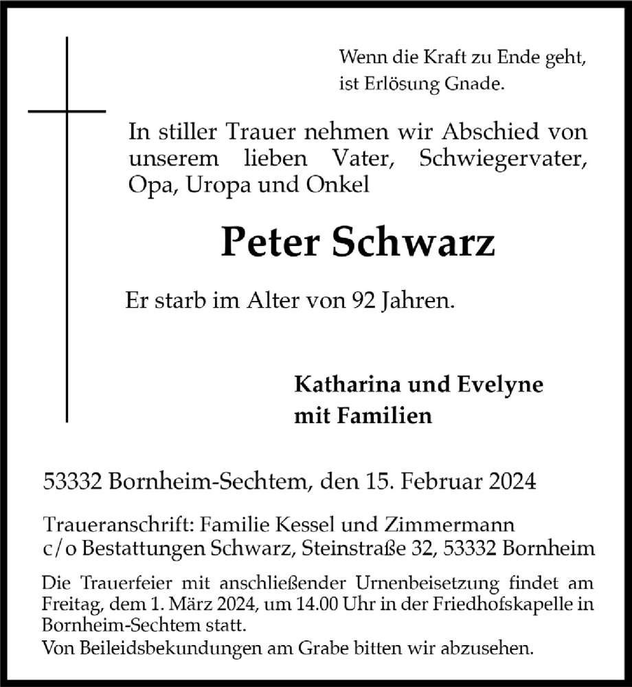 Traueranzeigen von Peter Schwarz | WirTrauern