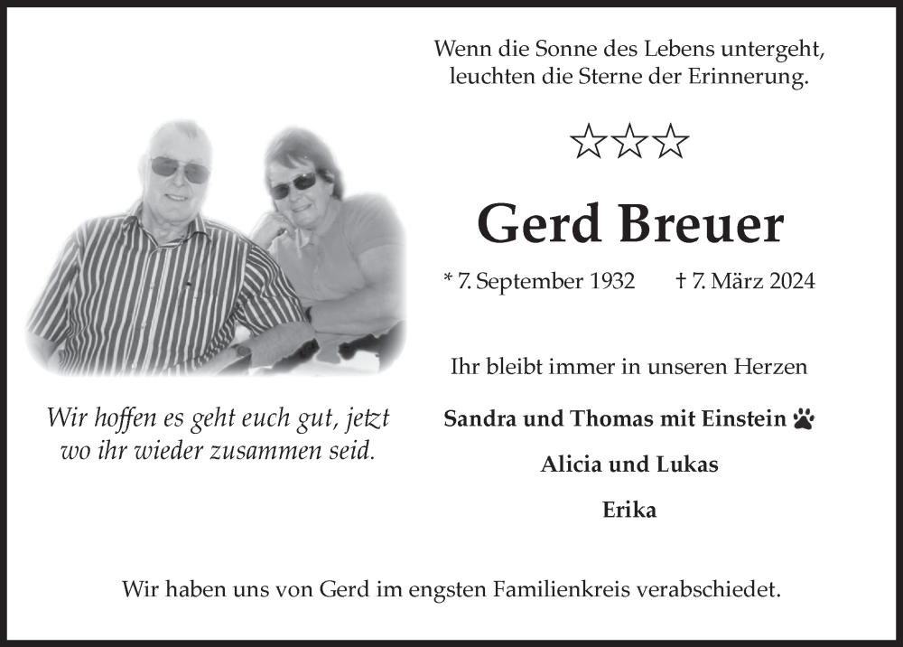 Traueranzeigen von Gerd Breuer | WirTrauern Traueranzeigen von Gerd Breuer | WirTrauern